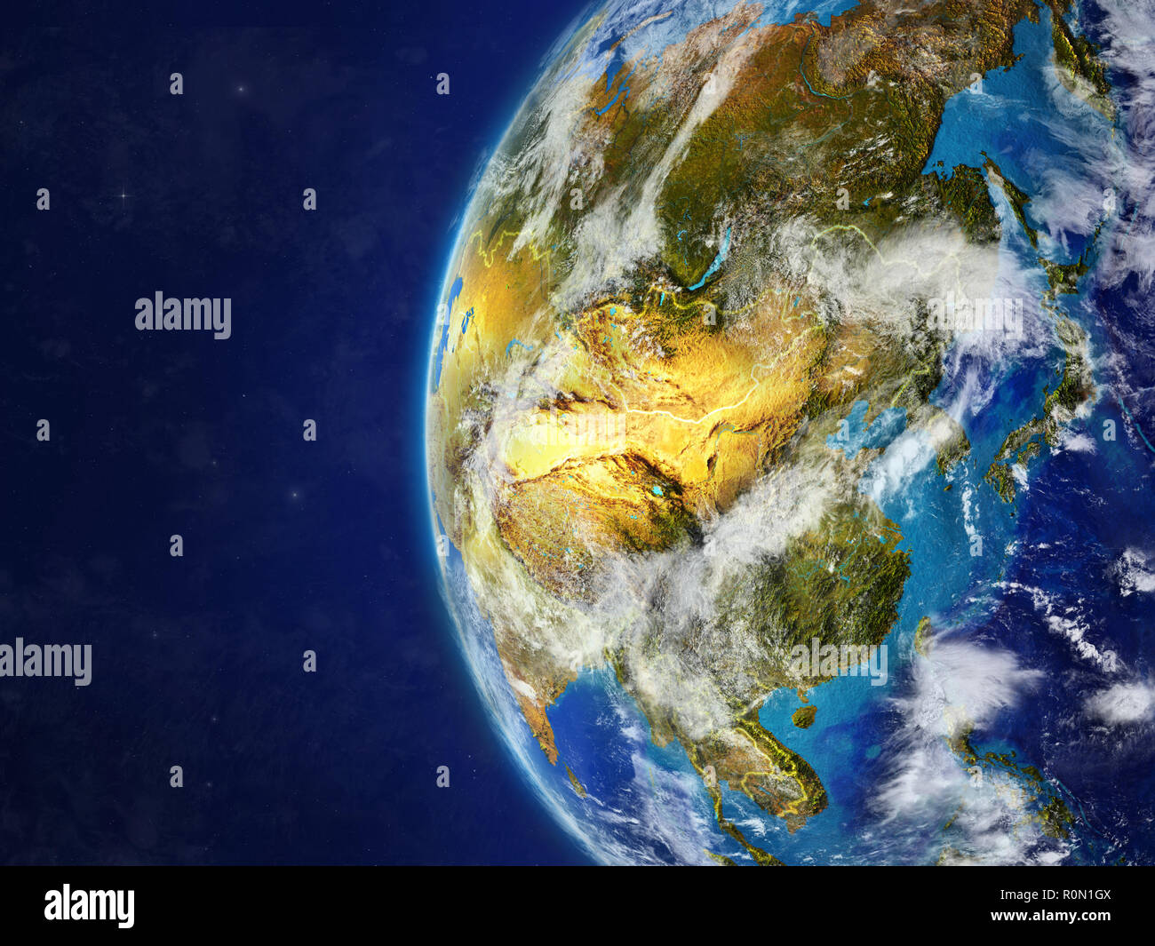 Asia from space on model of planet Earth with country borders and very ...