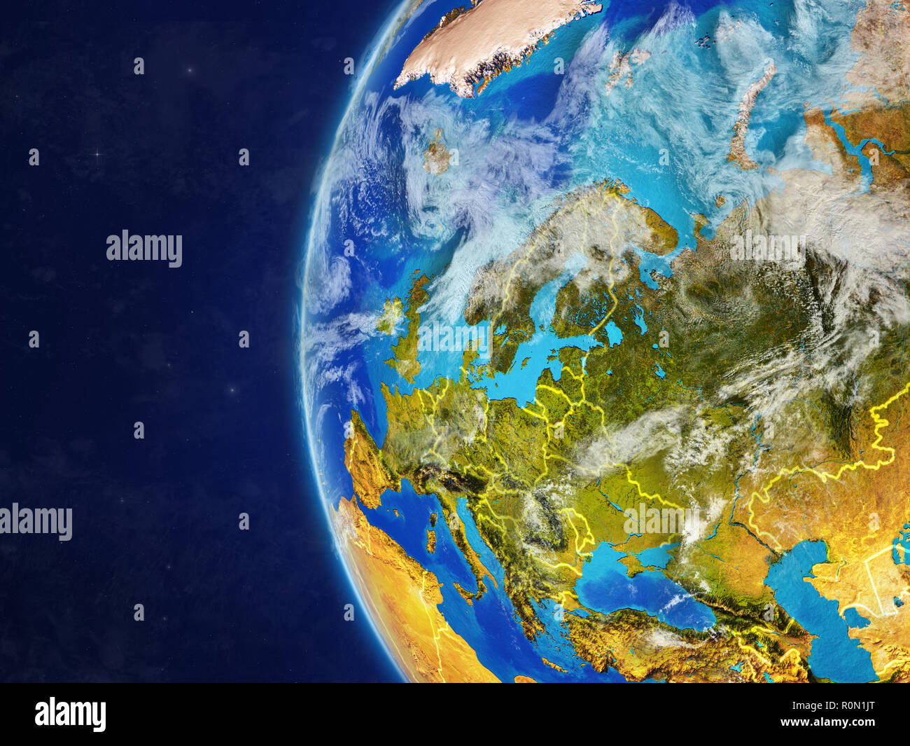 Europe from space on model of planet Earth with country borders and ...