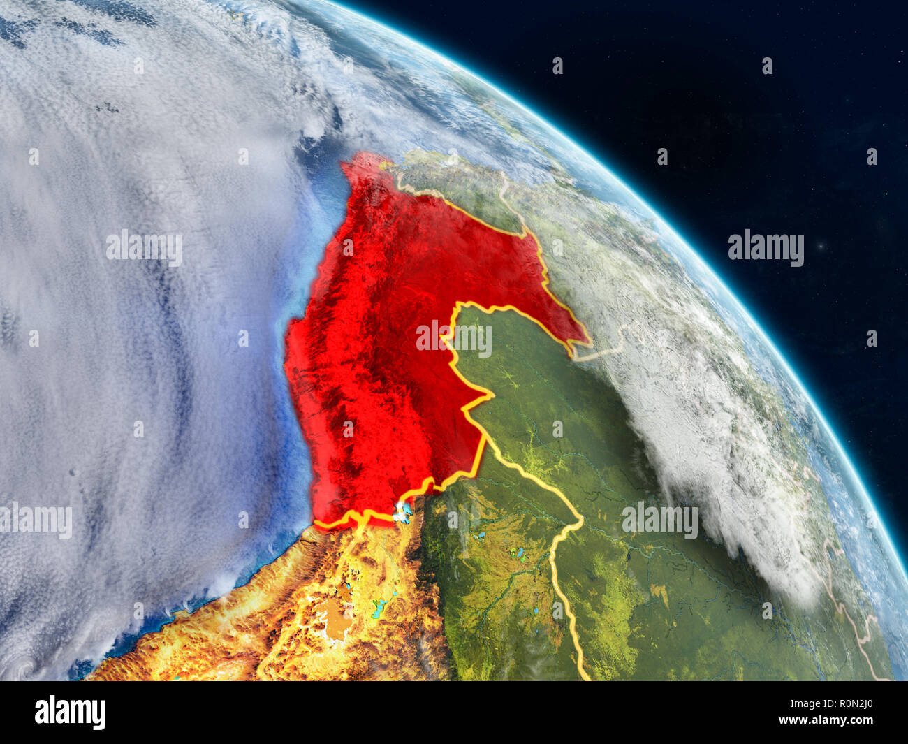 Peru from space on realistic model of planet Earth with country borders ...