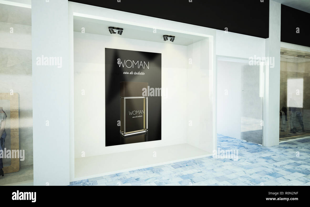 Poster perfume on storefront 3d rendering Stock Photo - Alamy