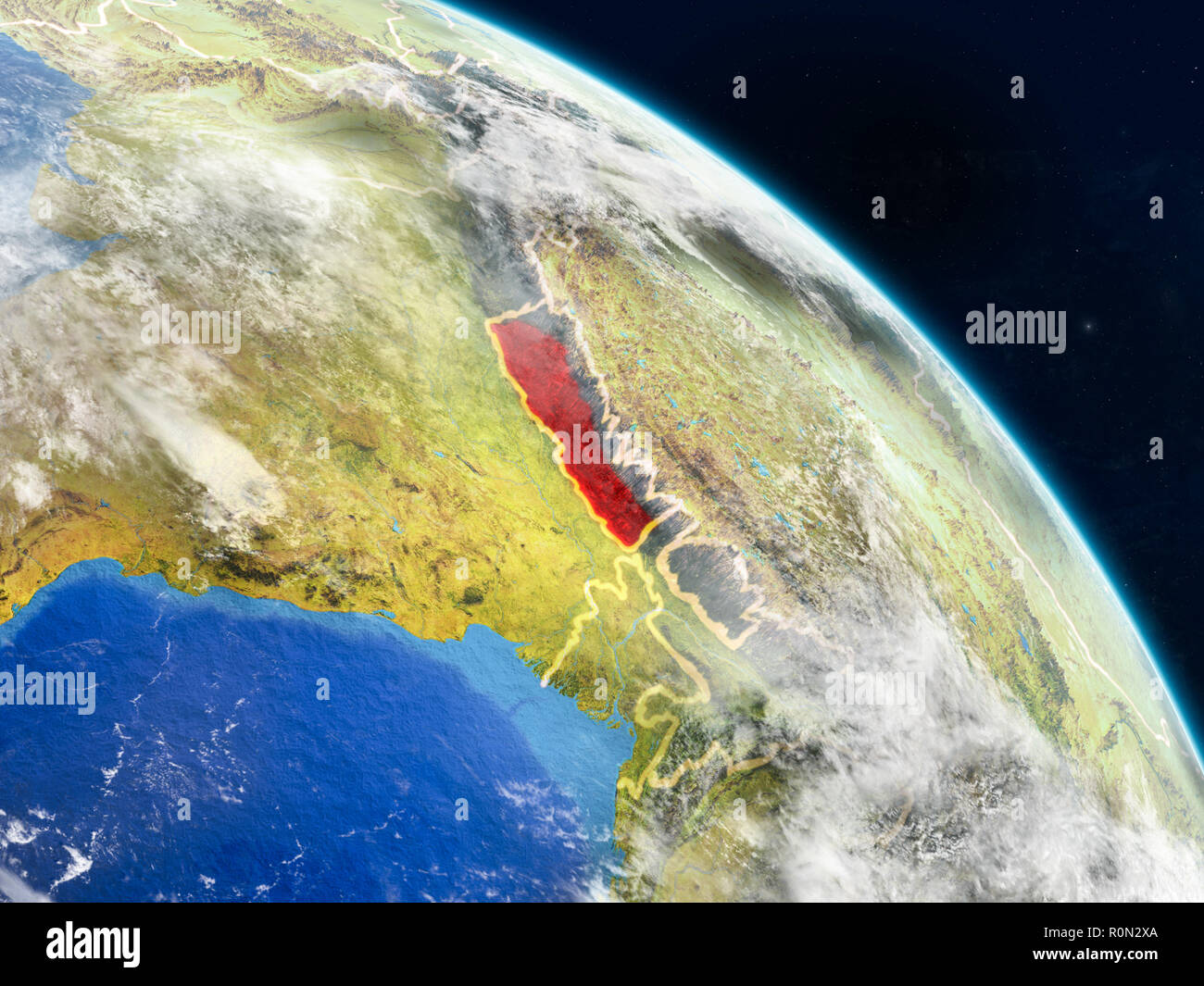 Nepal from space on realistic model of planet Earth with country ...