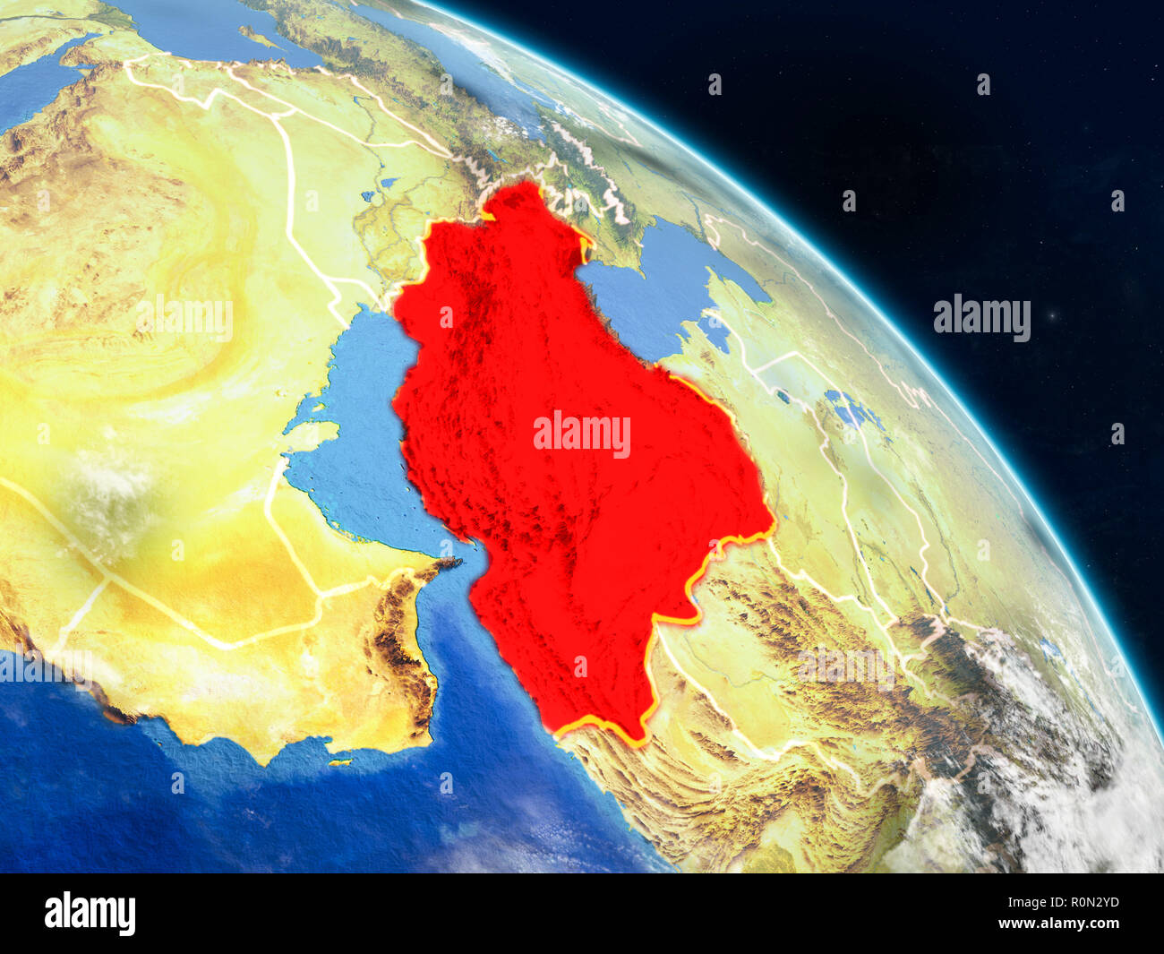 Iran from space on realistic model of planet Earth with country borders ...