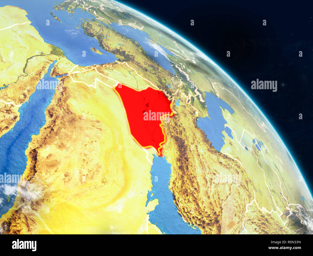 Iraq from space on realistic model of planet Earth with country borders ...
