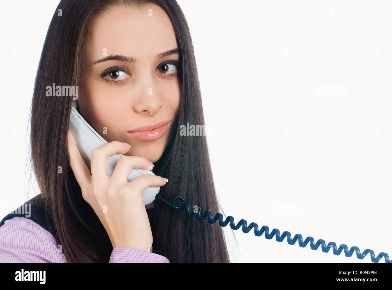 Woman or female contact person answering the phone smiling as support ...