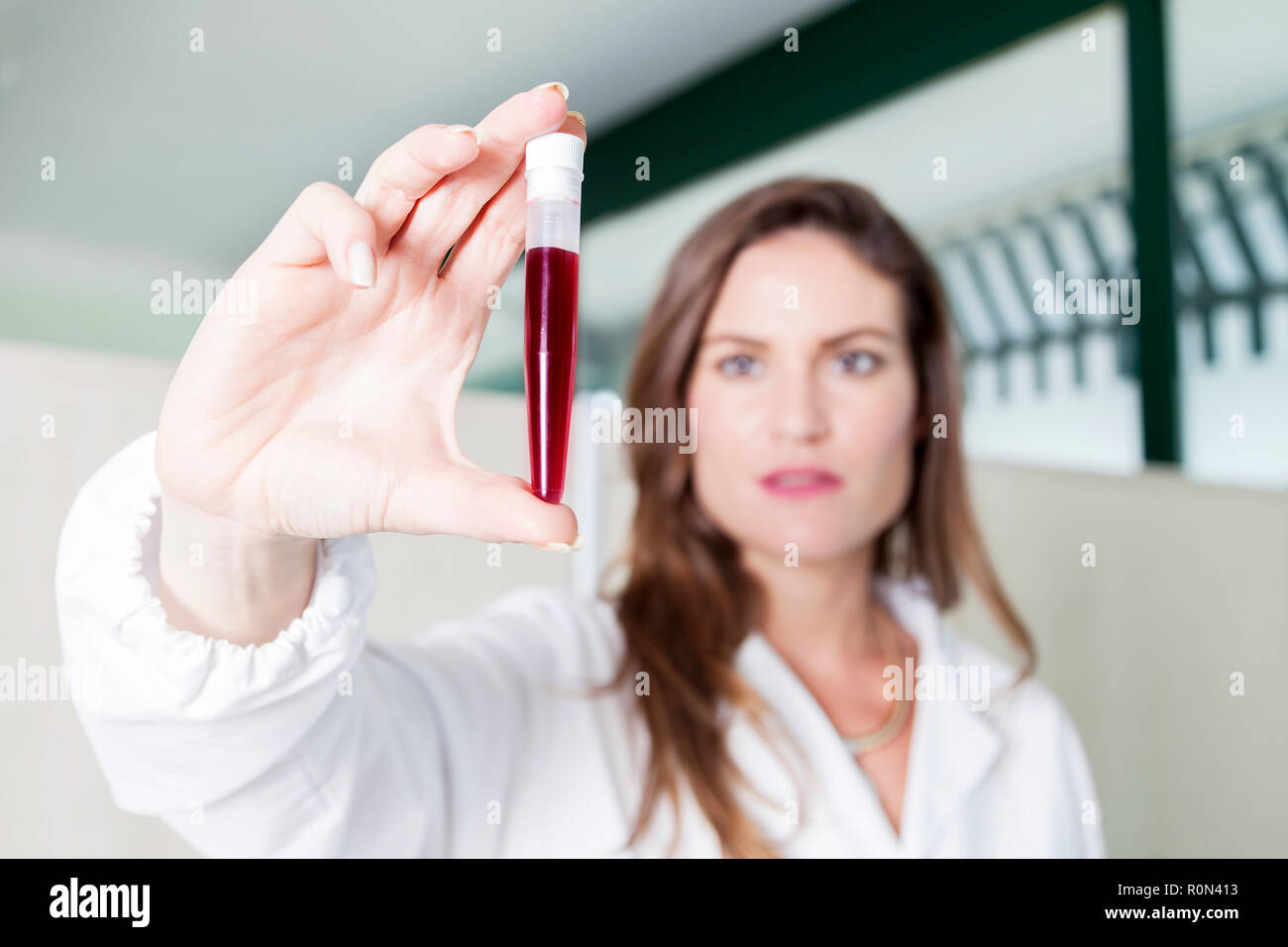 female doctor examines blood tube in laboratory Stock Photo - Alamy