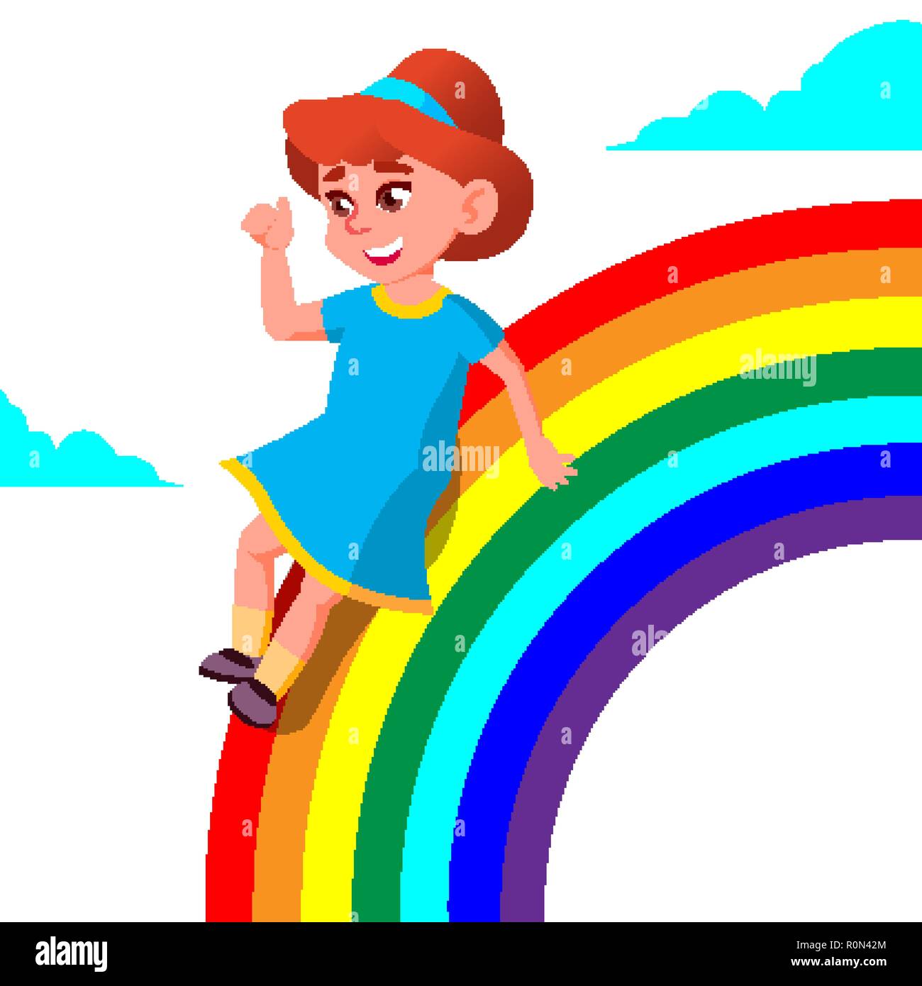 Happy Child Girl Rolling Down The Rainbow Vector. Illustration Stock ...
