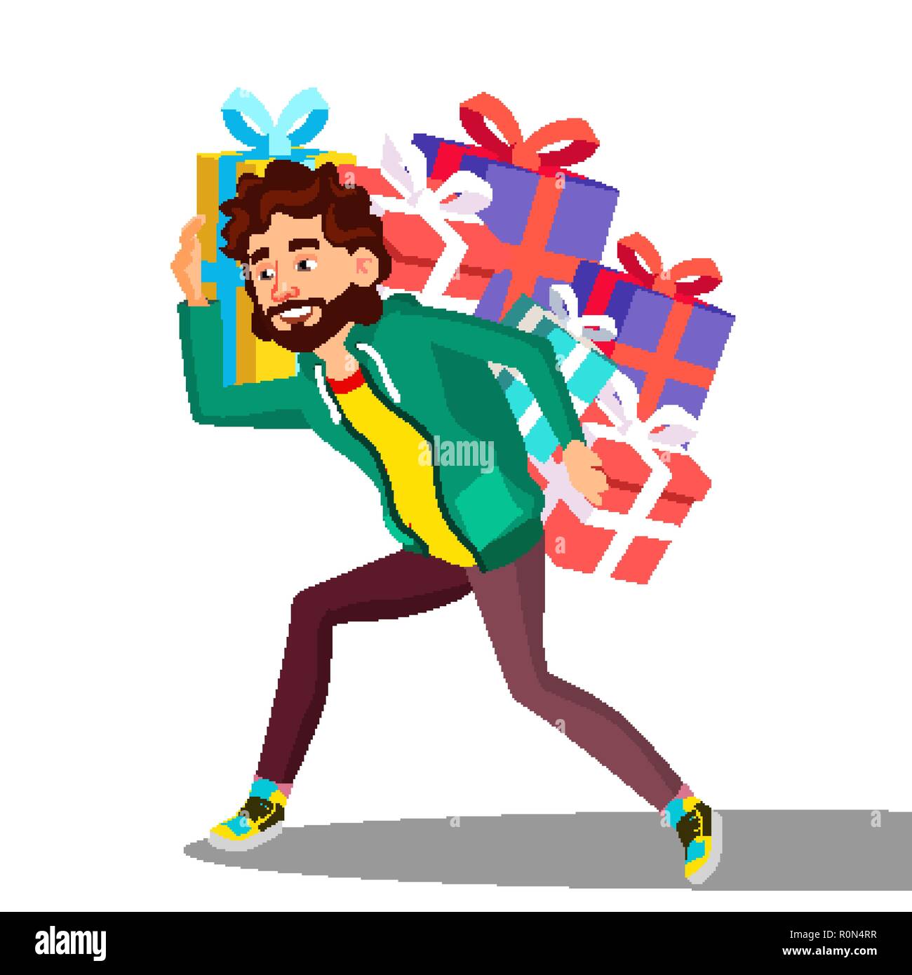 Man Carries A Lot Of Heavy Boxes With Gifts Vector. Isolated ...