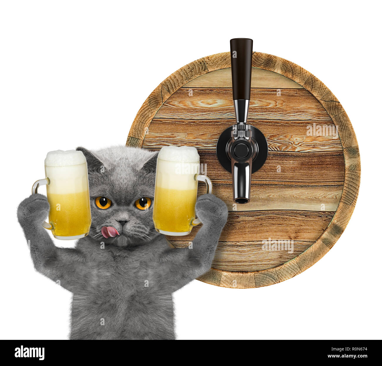 Cute cat with a glass of beer and barrel. isolated on white background ...