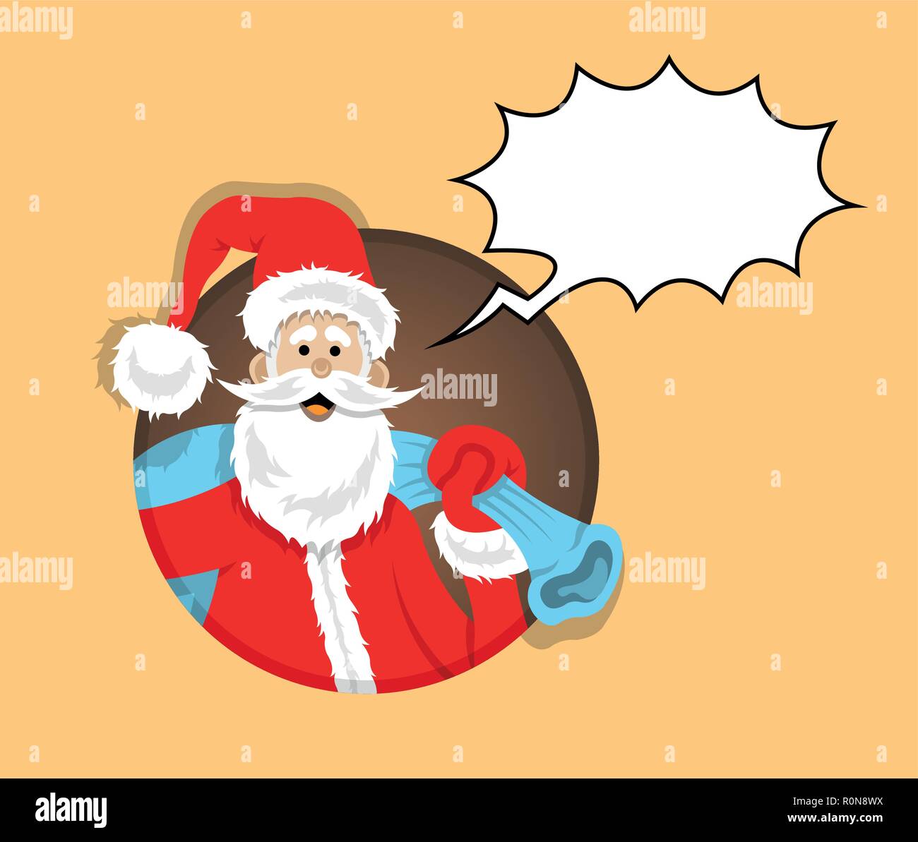 Santa Claus cartoon inside circle with screaming bubble. All the ...