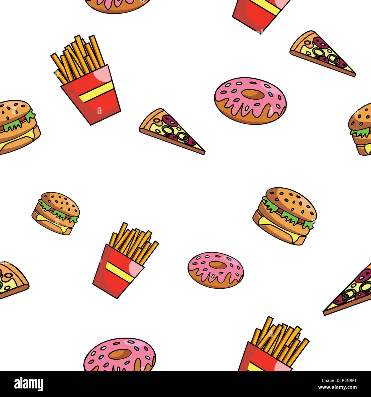 Seamless fast food pattern with burger donat pizza frenchfries. Vector ...