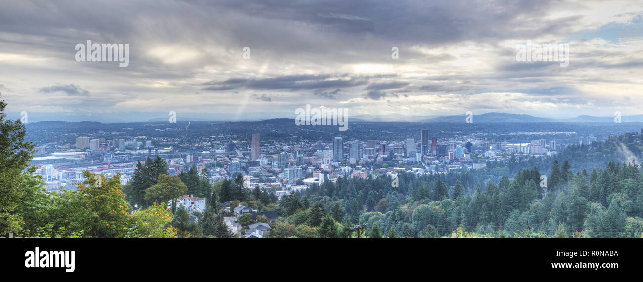 Portland oregon downtown skyline with mount hood panorama hi-res stock ...