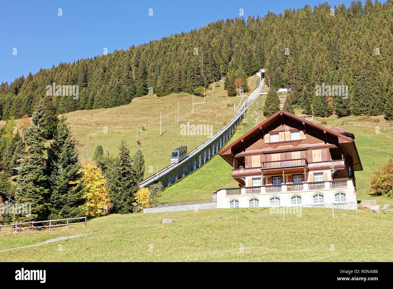 Sunny autumn day with train ascending Allmendhubel funicular railway ...
