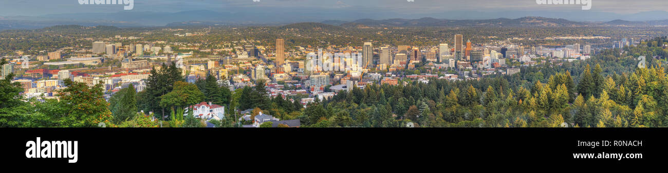 Portland oregon downtown skyline with mount hood panorama hi-res stock ...
