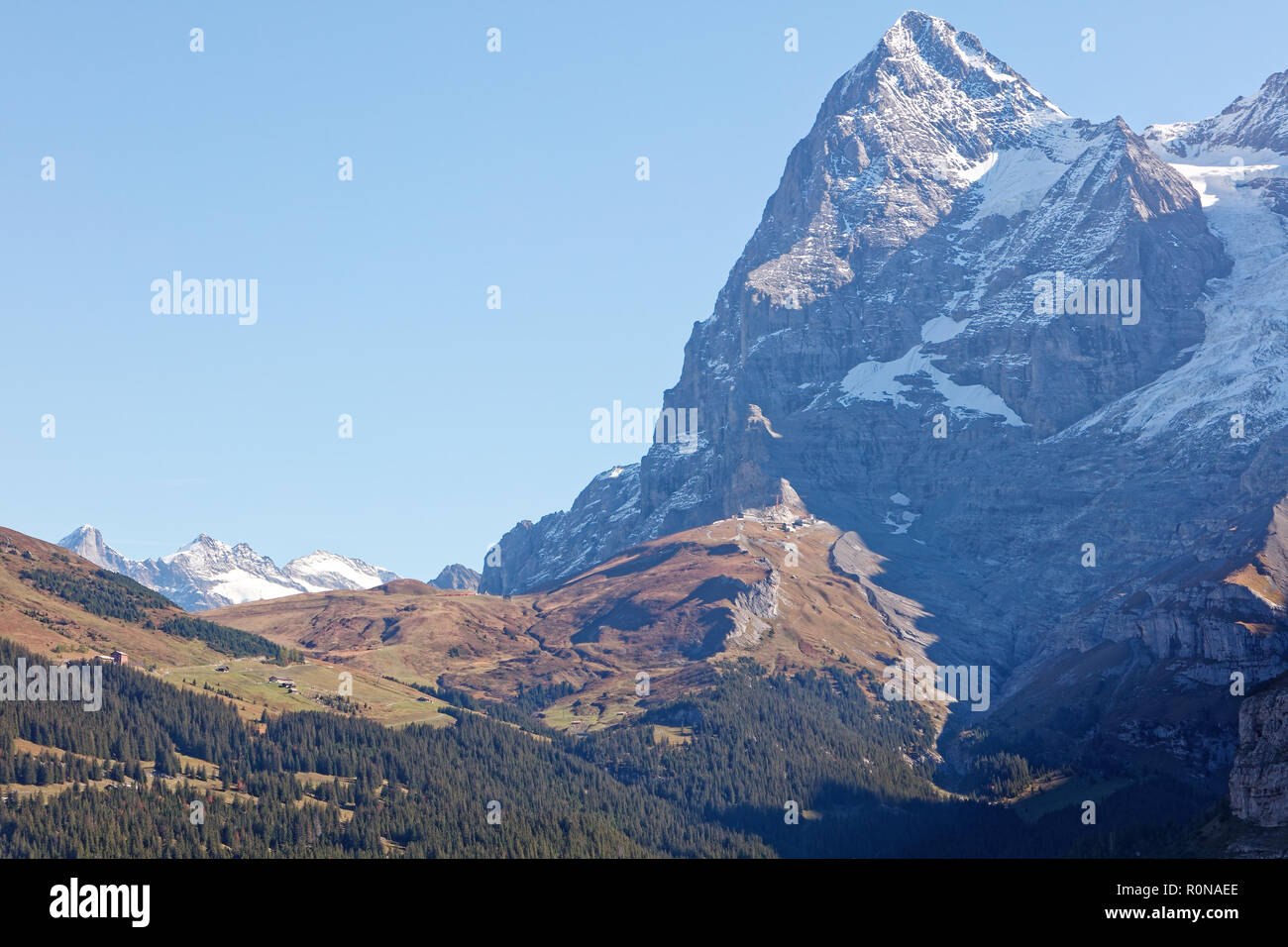 Sunny autumnal view of Eiger glacier (Eigergletcher), Wengernalp and ...