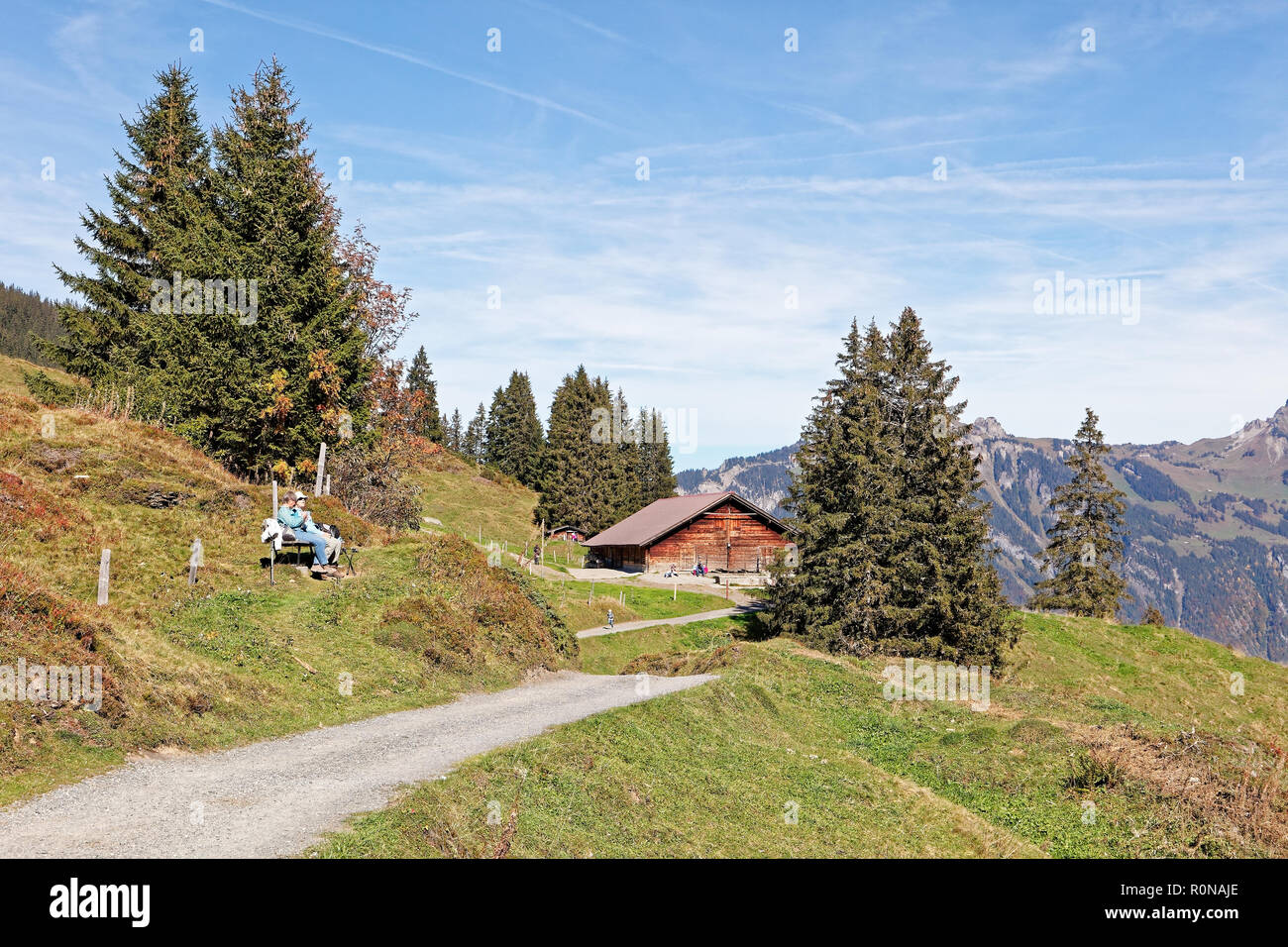 Tourists enjoying panoramatic views of Jungfrau Region near Gruetschalp ...