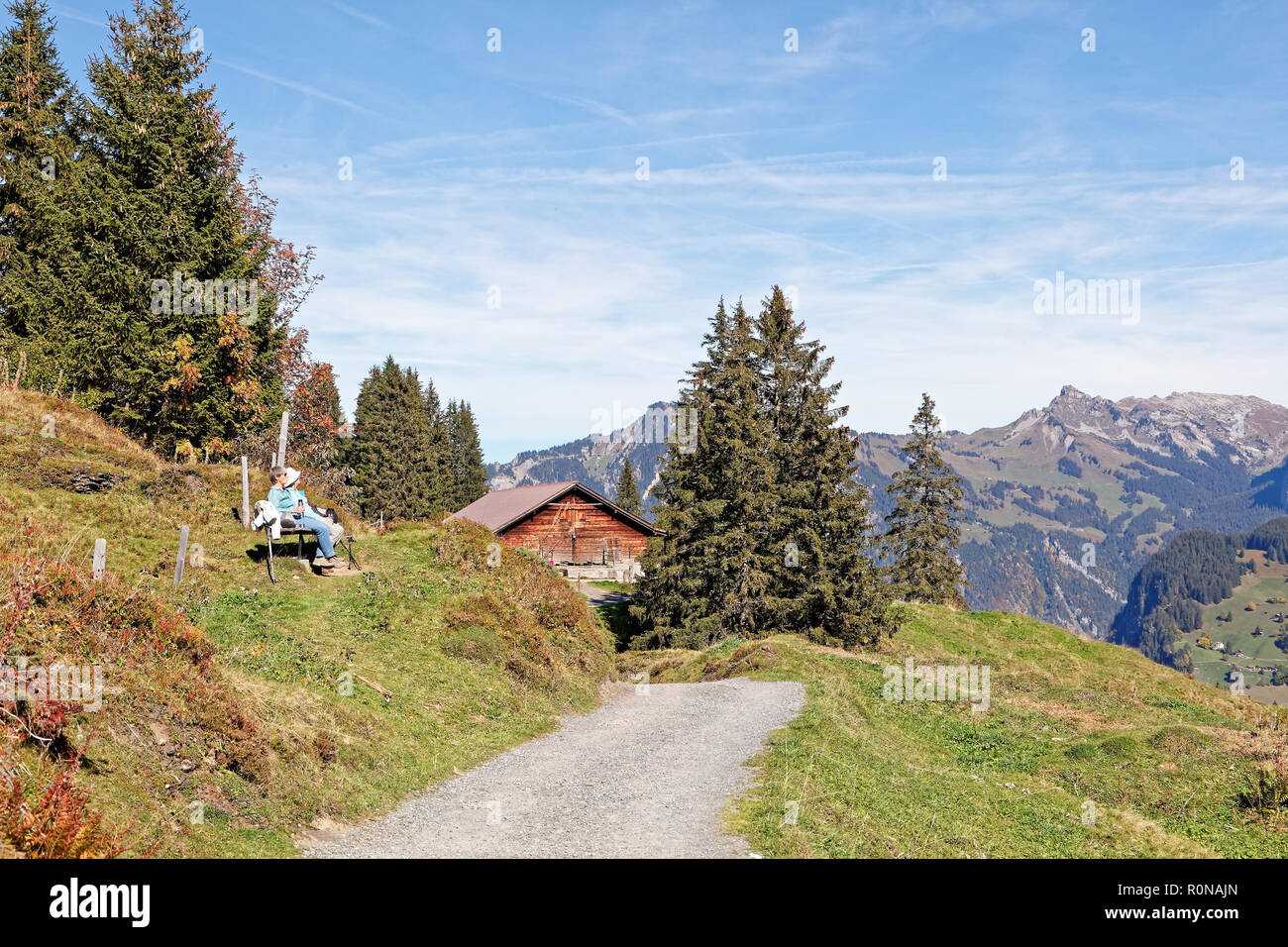 Tourists enjoying panoramatic views of Jungfrau Region near Gruetschalp ...
