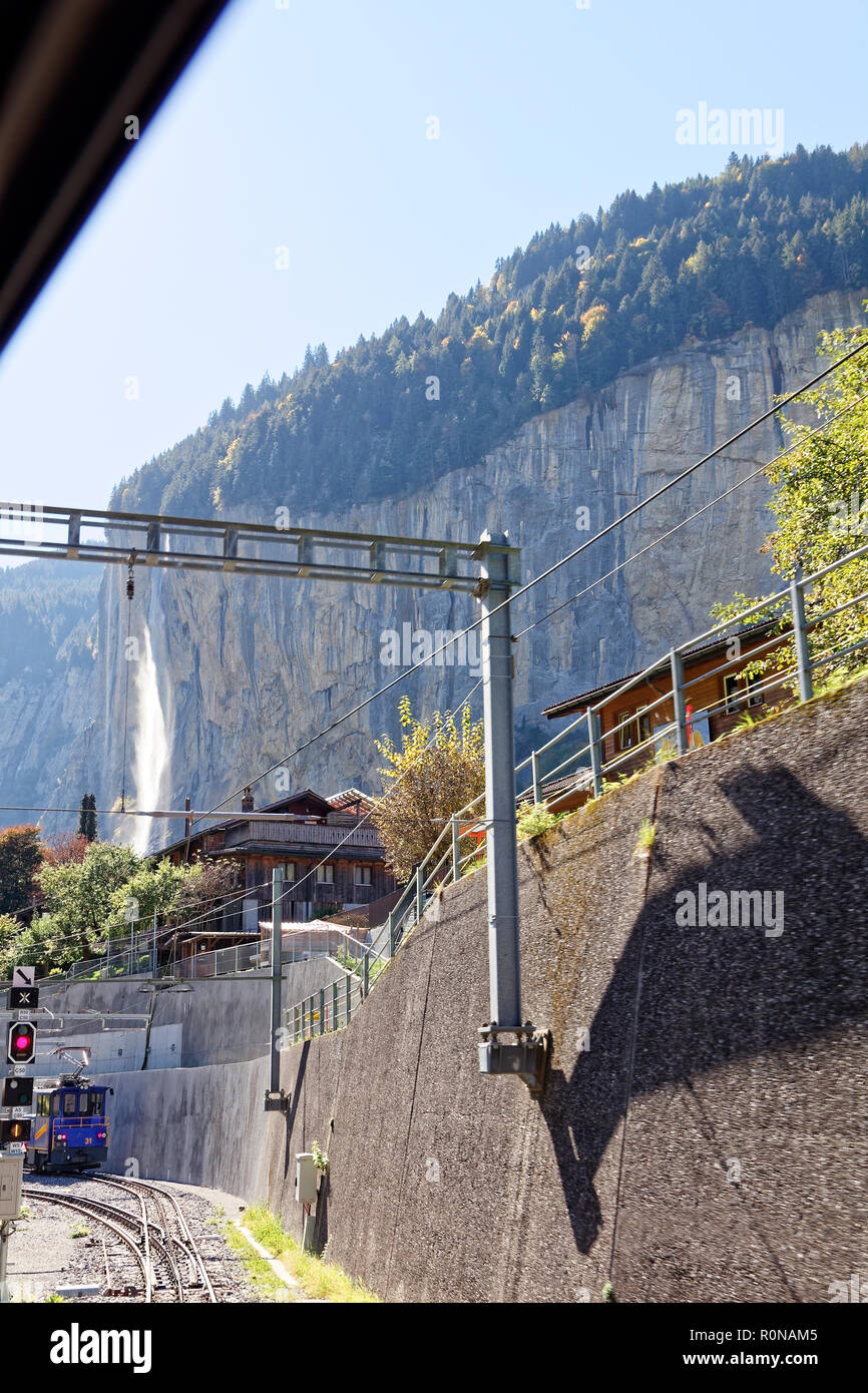 View of Staubbachfall waterfall from train heading for Kleine Scheidegg ...