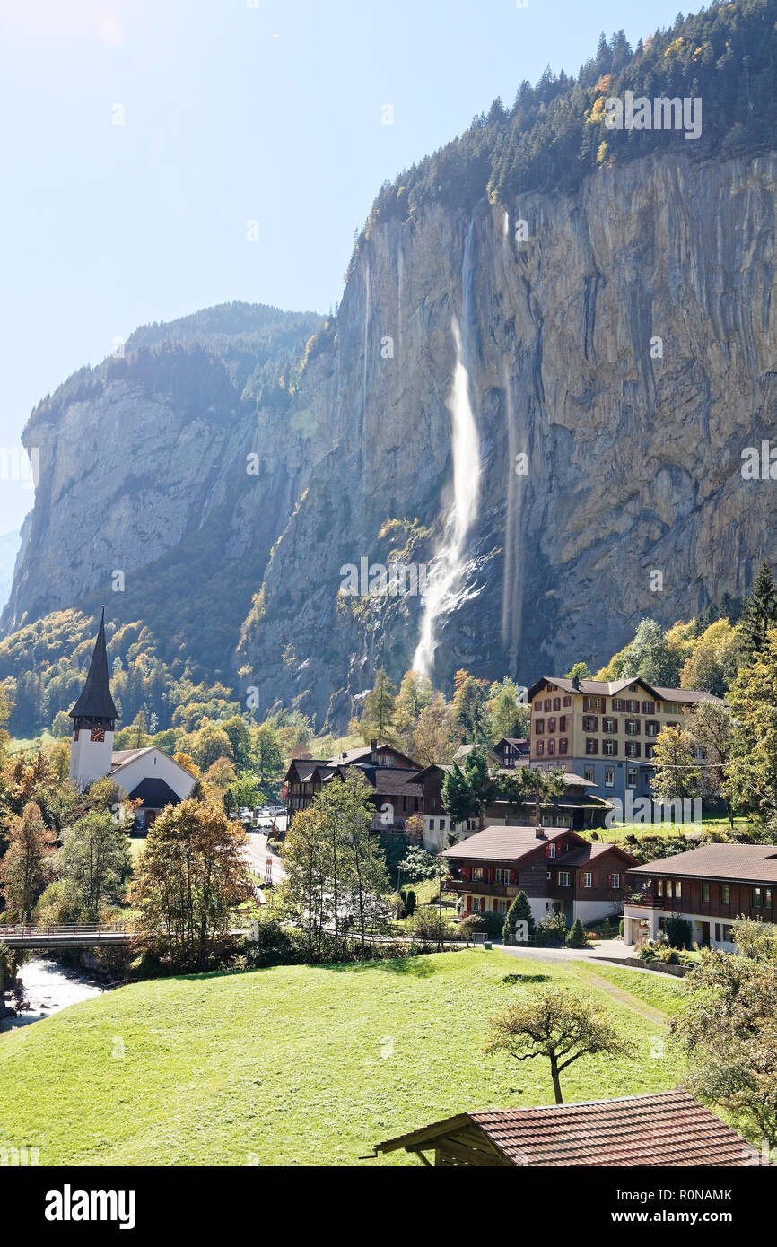 View of Staubbachfall waterfall from train heading for Kleine Scheidegg ...