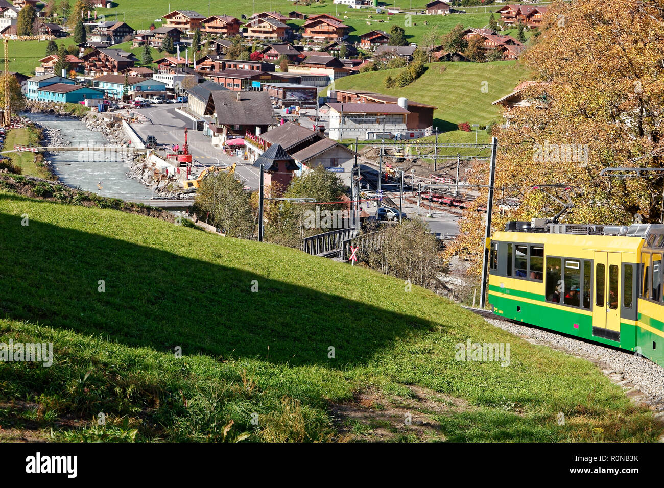 Train approaching Grindelwald Grund trainstation, Jungfrau Region ...