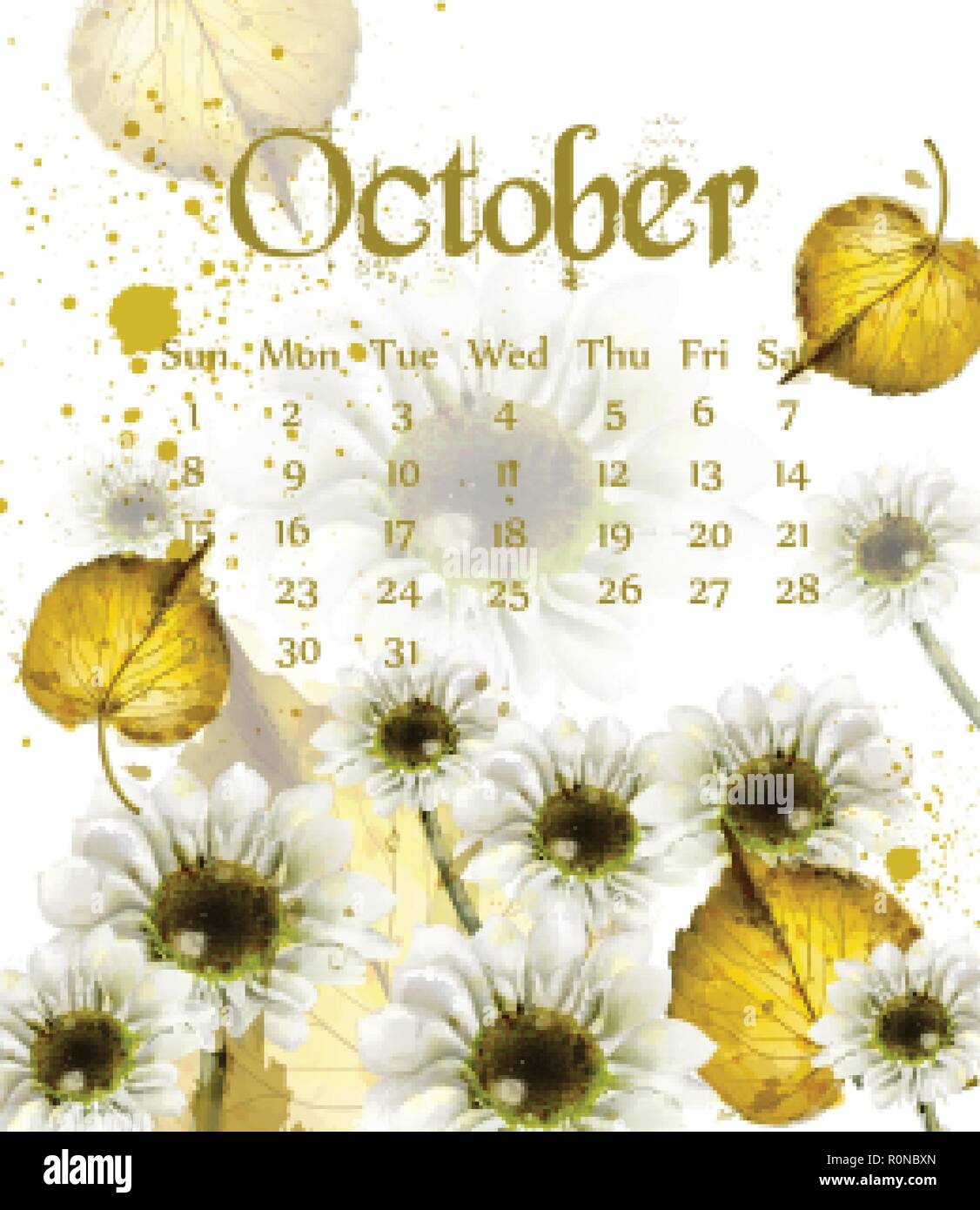 Autumn October calendar with golden leaves Vector. Fall watercolor ...