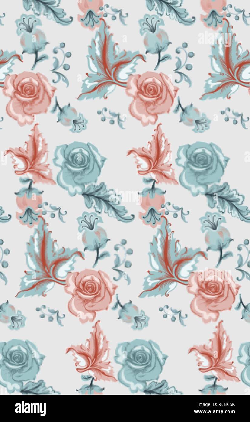 Vintage damask pattern with roses Vector. Old 30s style decoration ...