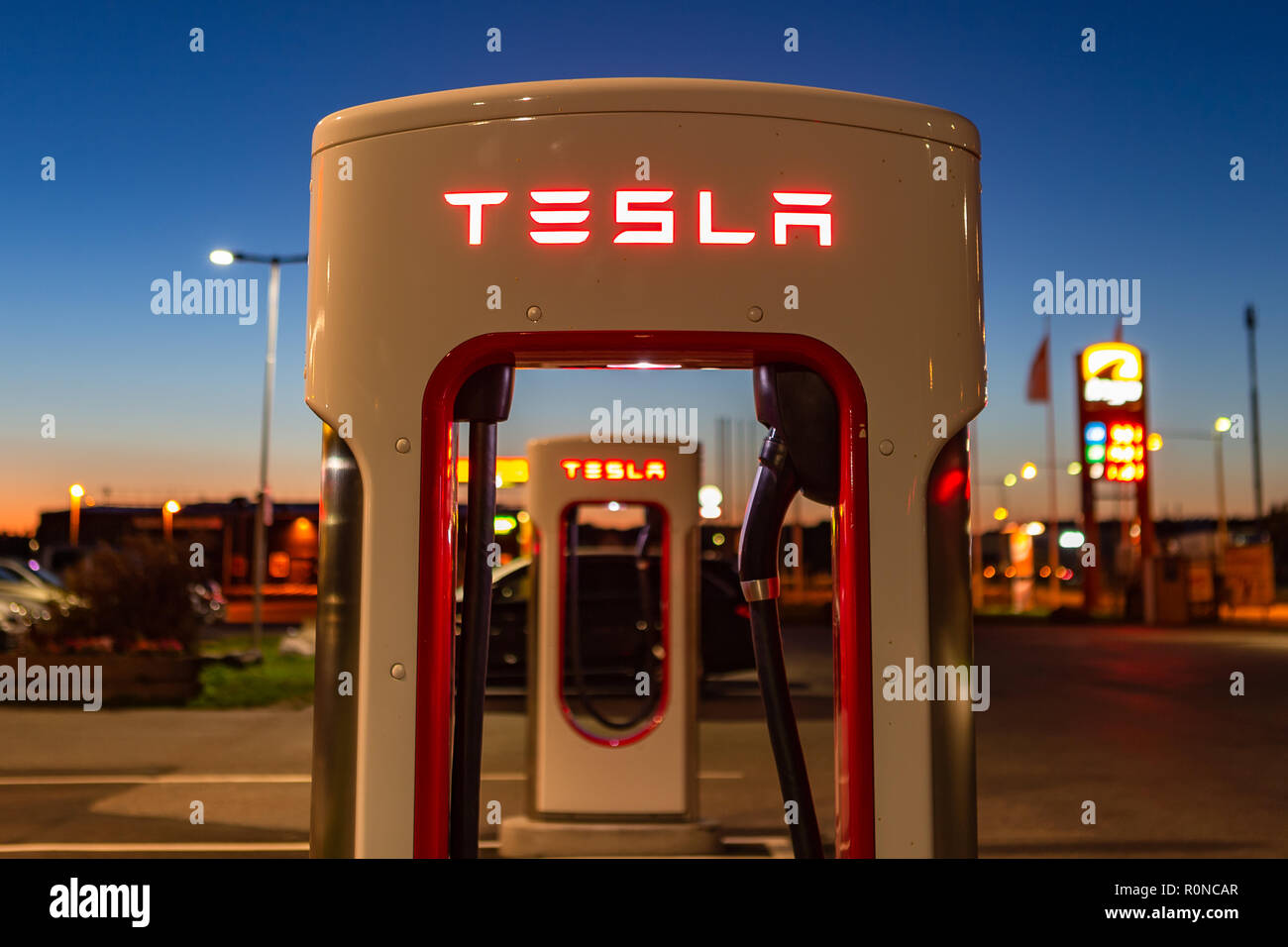 Stockholm, Sweden - September 13, 2018: Modern Tesla supercharger at ...