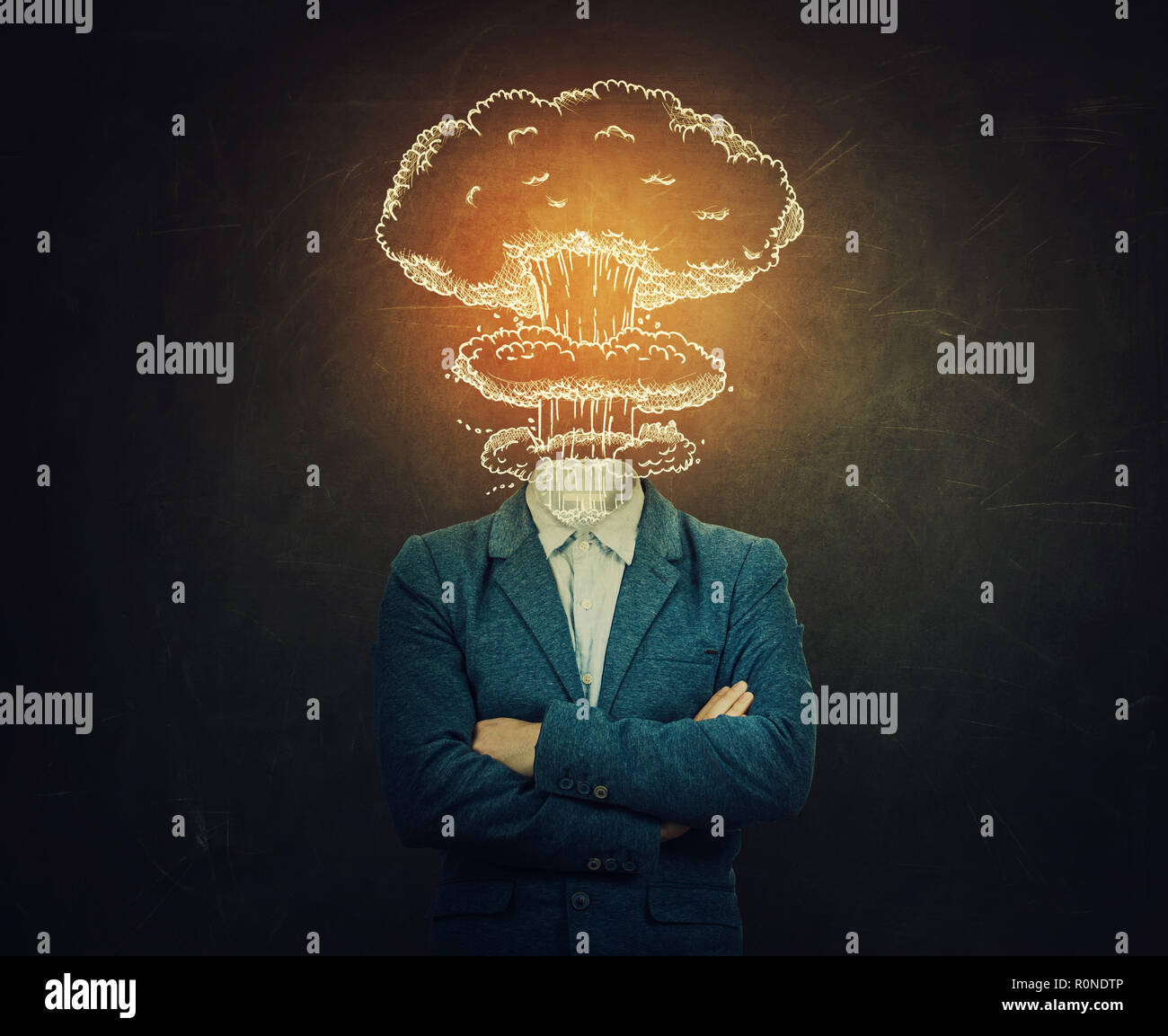 Surreal image nervous man with crossed hands head explosion over ...