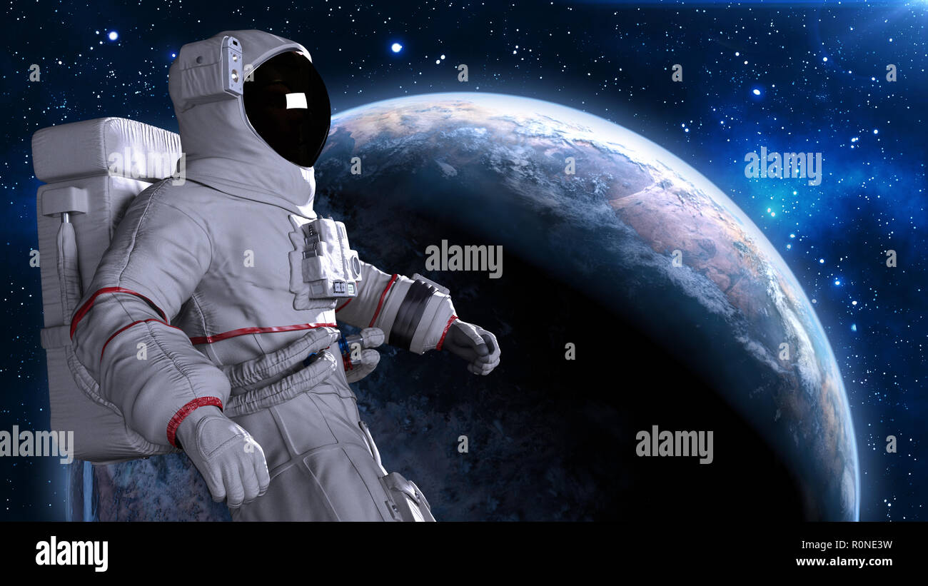 Astronaut in space floating above planet, cosmonaut with Earth globe in ...