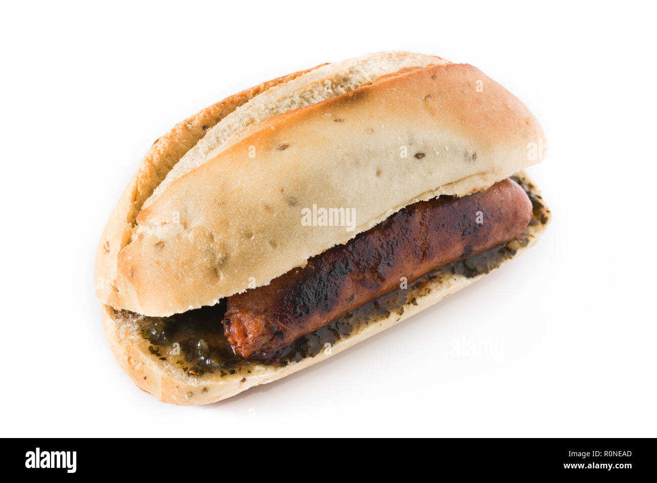Choripan. Traditional Argentina sandwich with chorizo and chimichurri ...