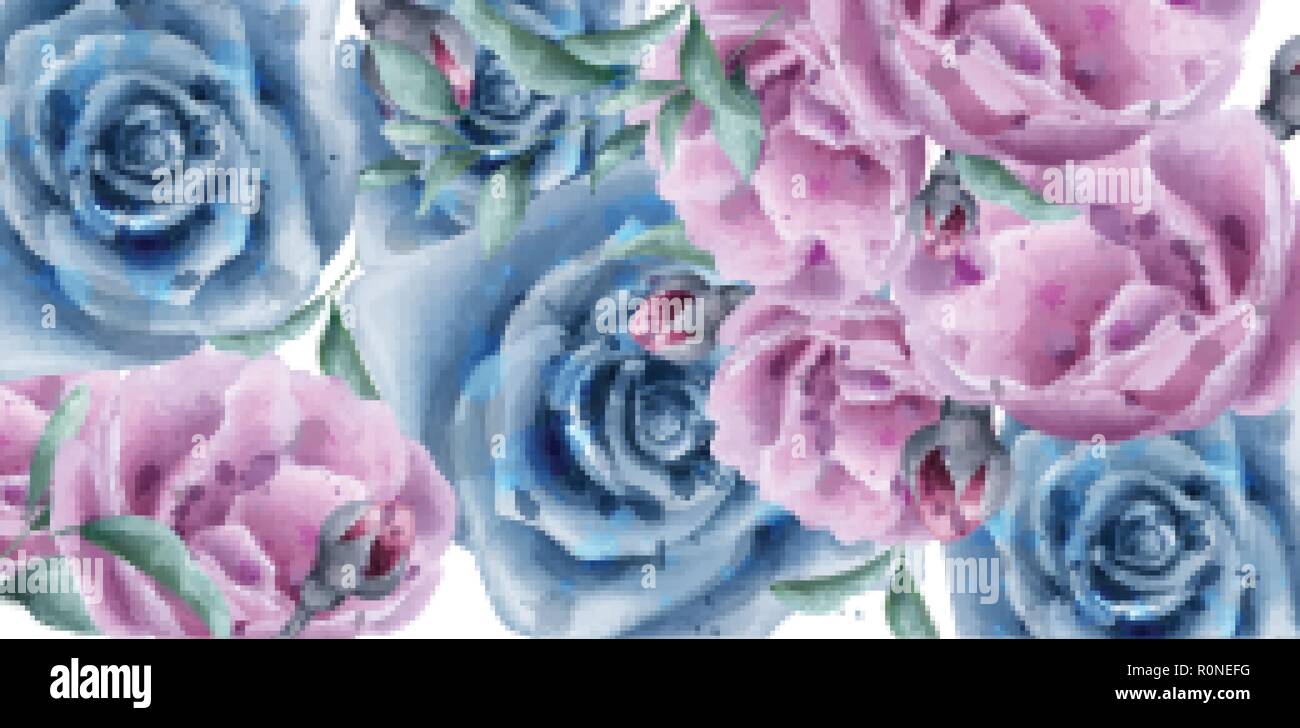 Blue roses watercolor Vector banner. Beautiful vintage pastel colors ...