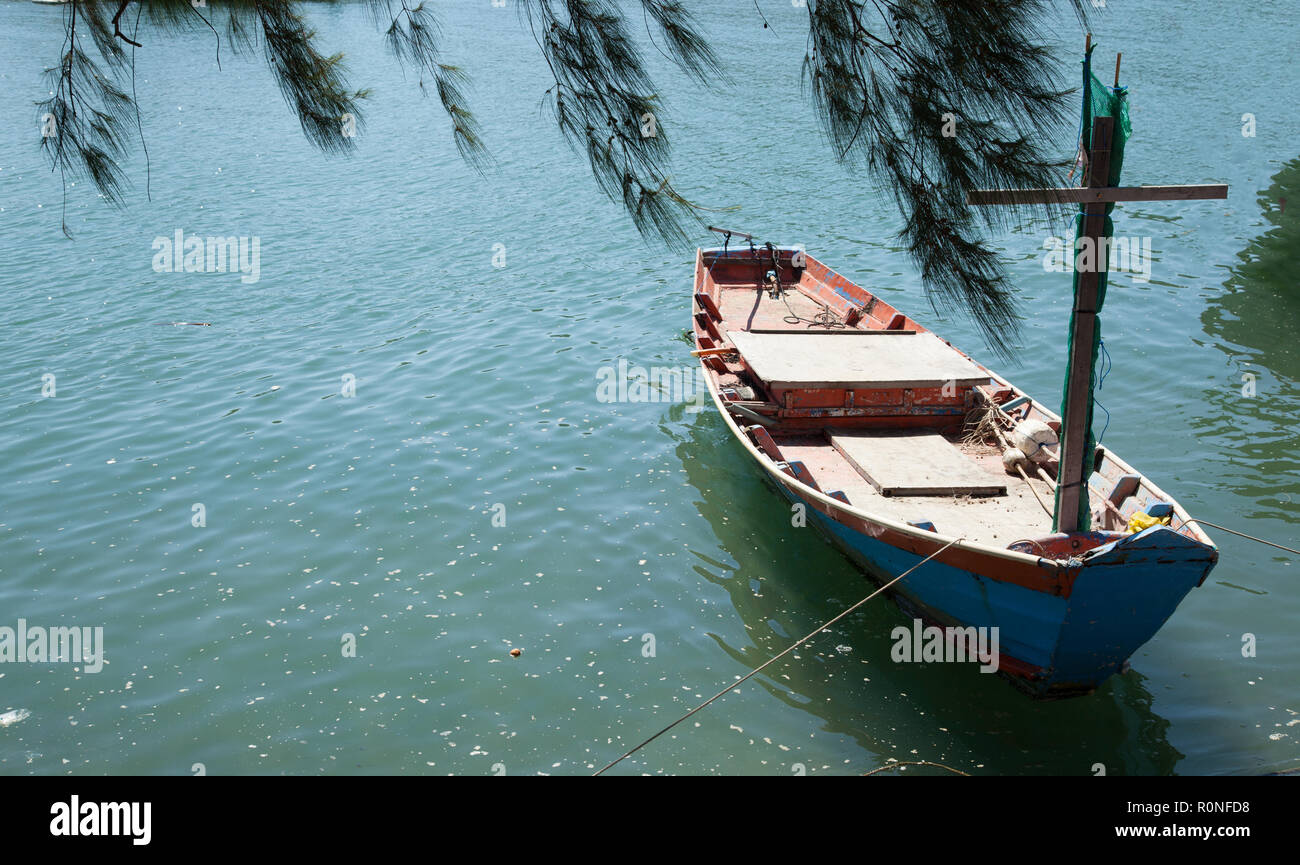 fisherman fishing boat anchored at pier under pine tree with natural ...