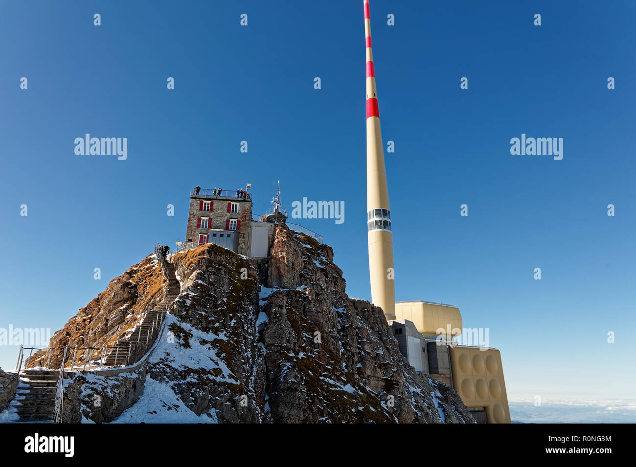 Sunny, first snow, views of Säntis summit in Alpstein, Appenzell Alps ...