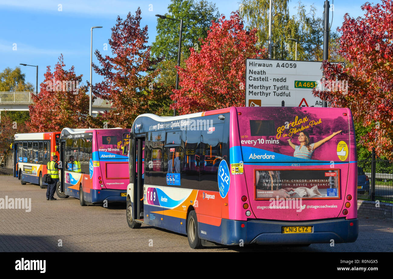 ABERDARE, WALES - OCTOBER 2018: Public service buses operated by ...