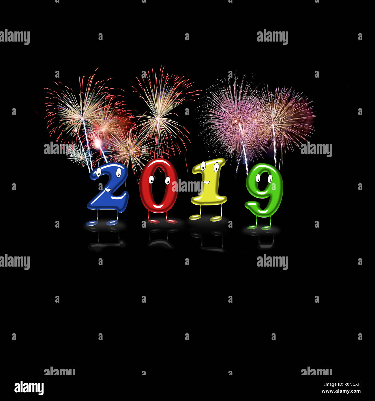 Colorful 2019 numerals with eyes, mouths and feet partying new year ...