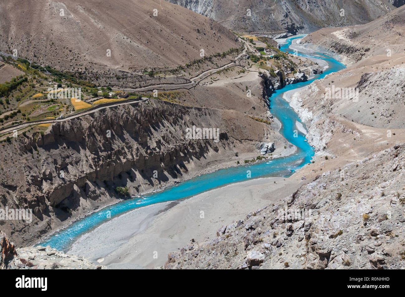 Tsarap River and Purne (village also known as Purni) seen in September ...
