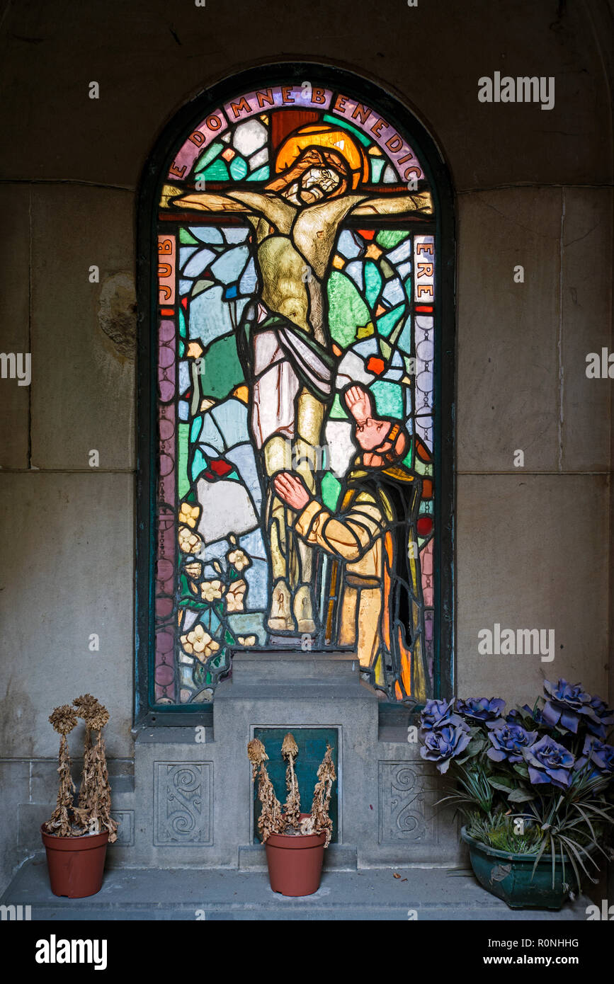 The stained glass window in a family tomb in Passy Cemetery, Paris ...
