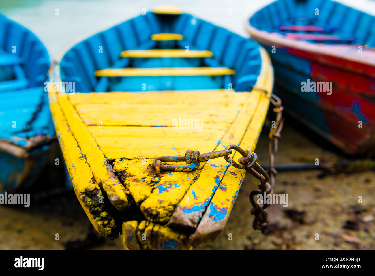 Detail of colourful boat on Phewa lake in Pokhara, the most popular and ...