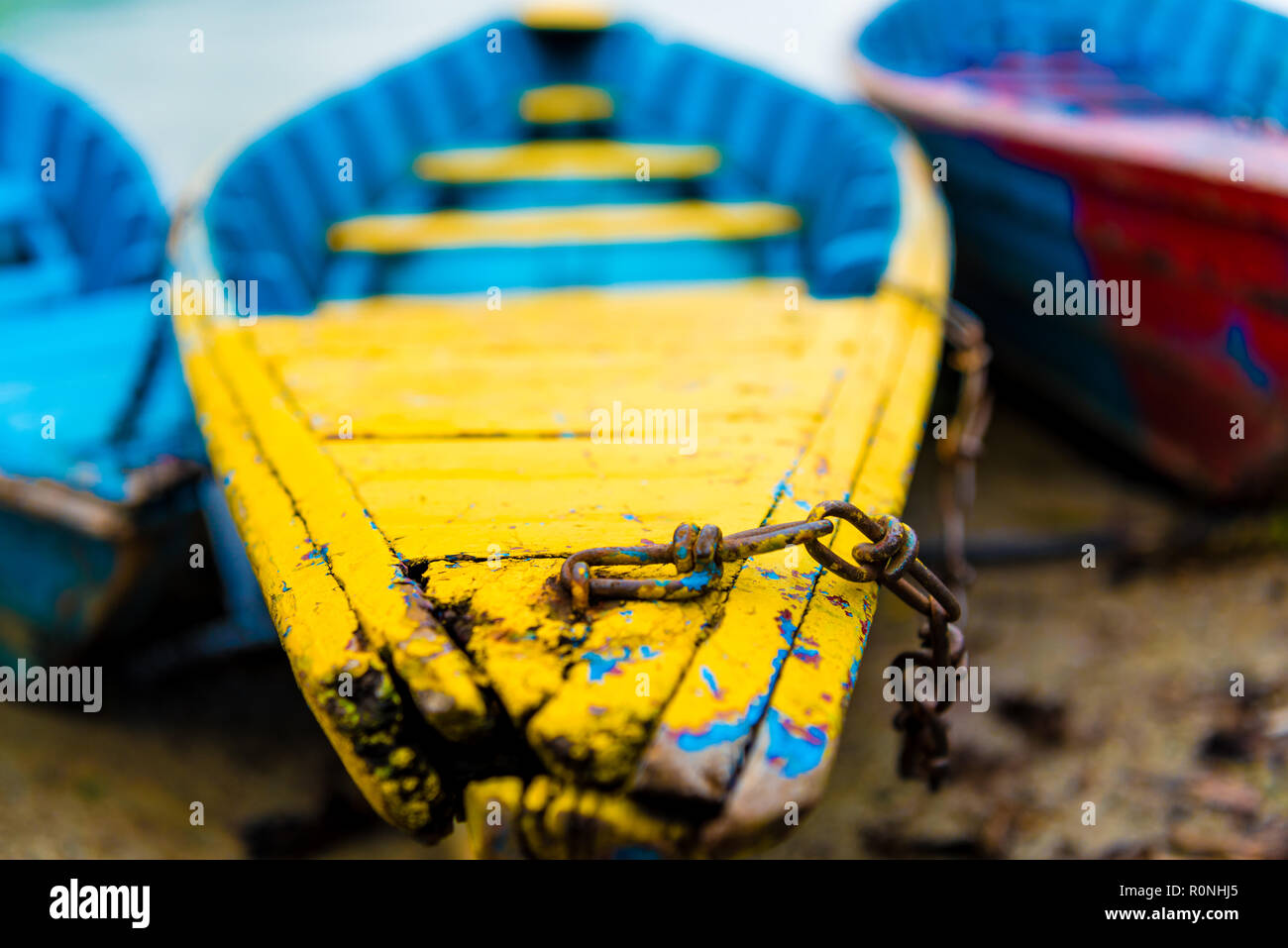 Detail of colourful boat on Phewa lake in Pokhara, the most popular and ...