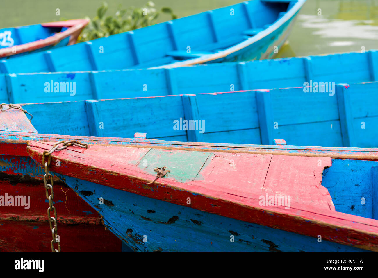 Detail of colourful boat on Phewa lake in Pokhara, the most popular and ...