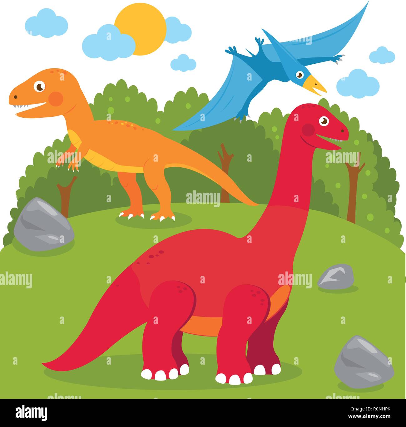 Prehistoric landscape with dinosaurs: pterodactyl, Brontosaurus ...