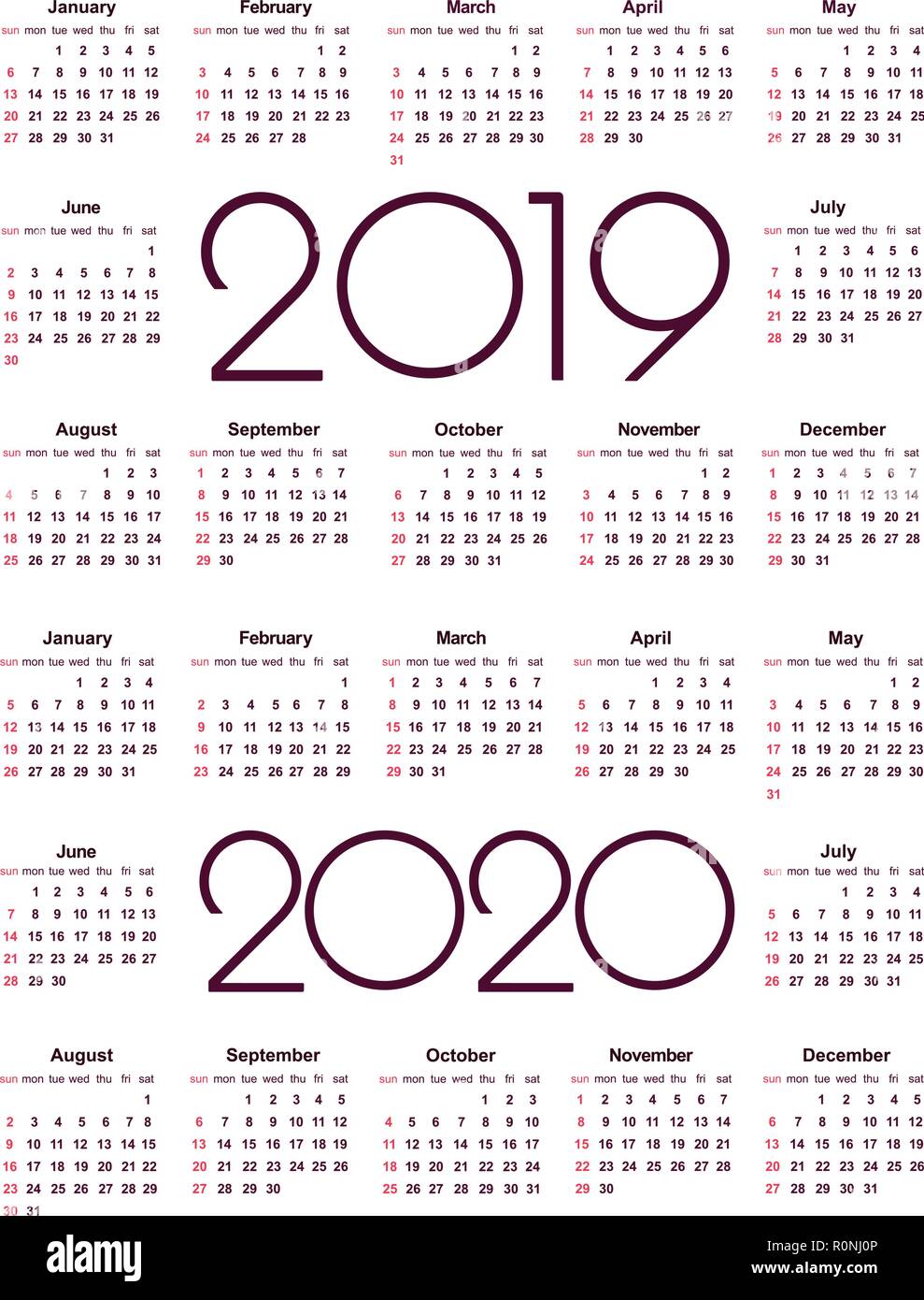 Calendar 2019 and 2020 year. Simple Vector Template. Stationery Design ...