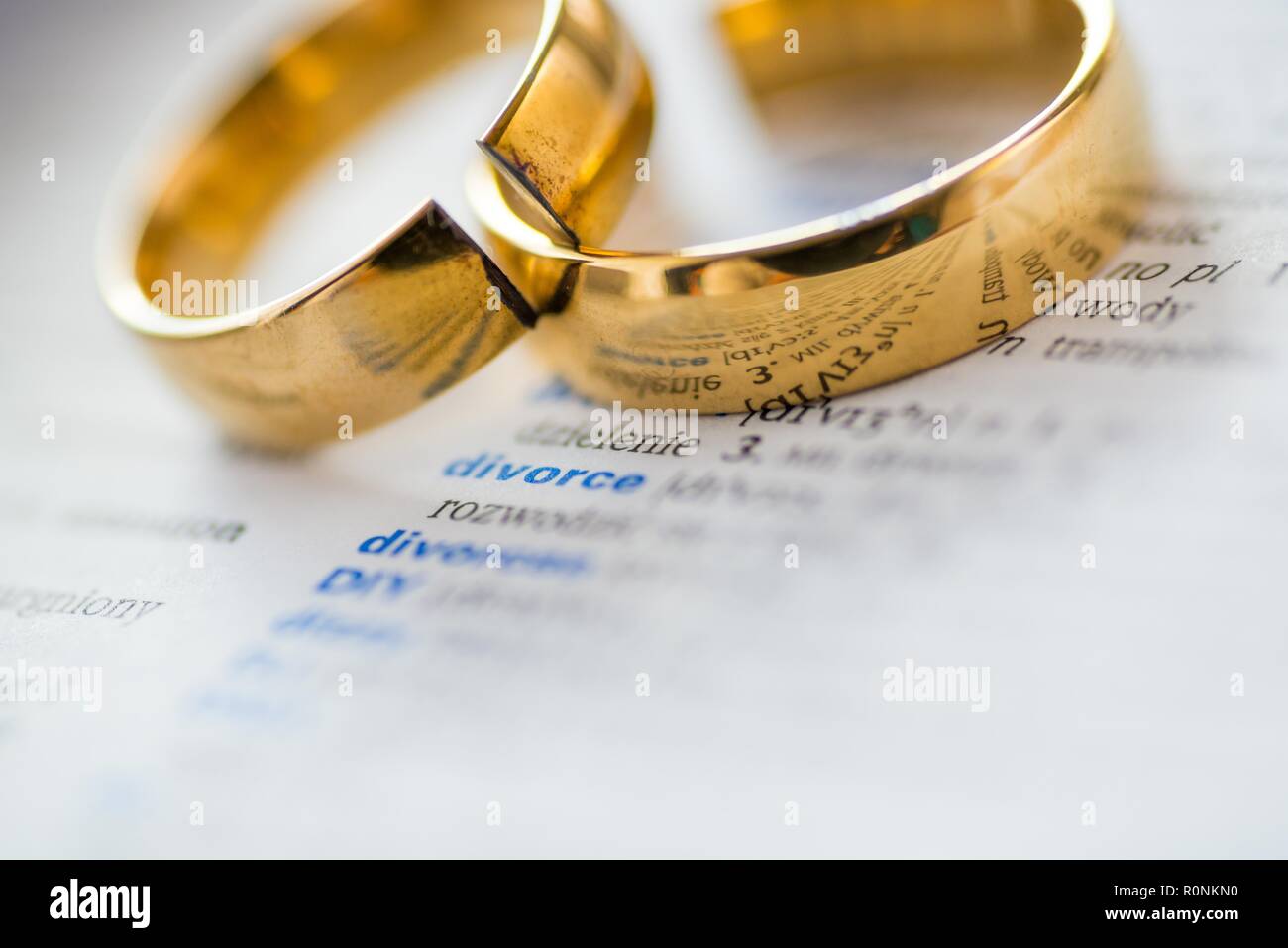 Two broken wedding rings on divorce word in dictionary. Divorce and ...