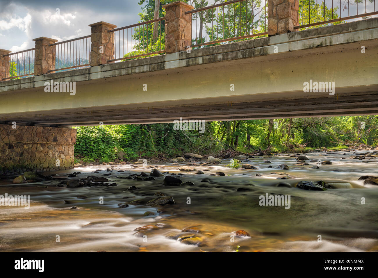Smooth flowing river going under a stone and steel bridge with the sun ...