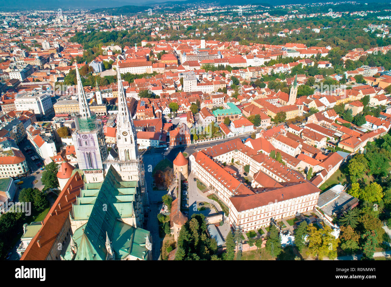 Zagreb cathedral and city center aerial view, capital of Croatia Stock ...