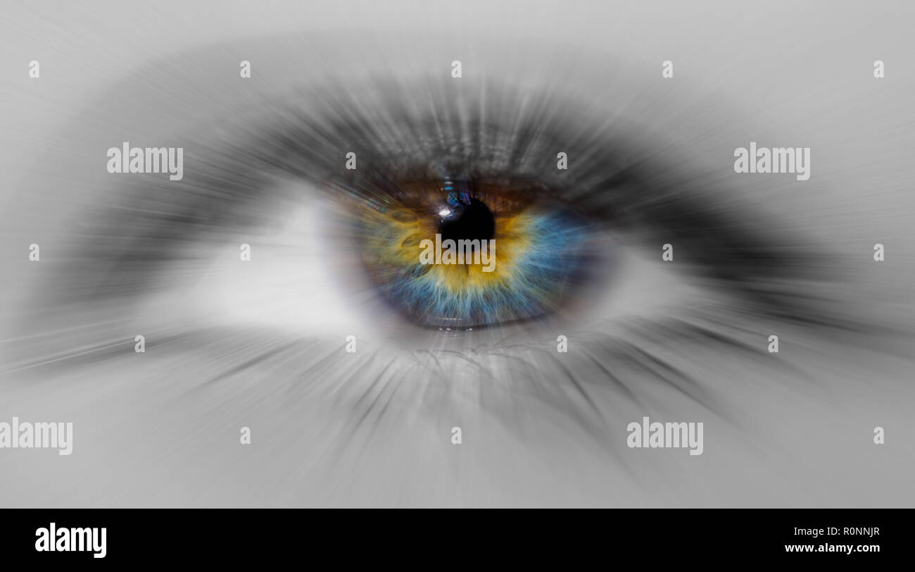 Woman beautiful colorful blue eye with mystical hypnotic vision bokeh ...