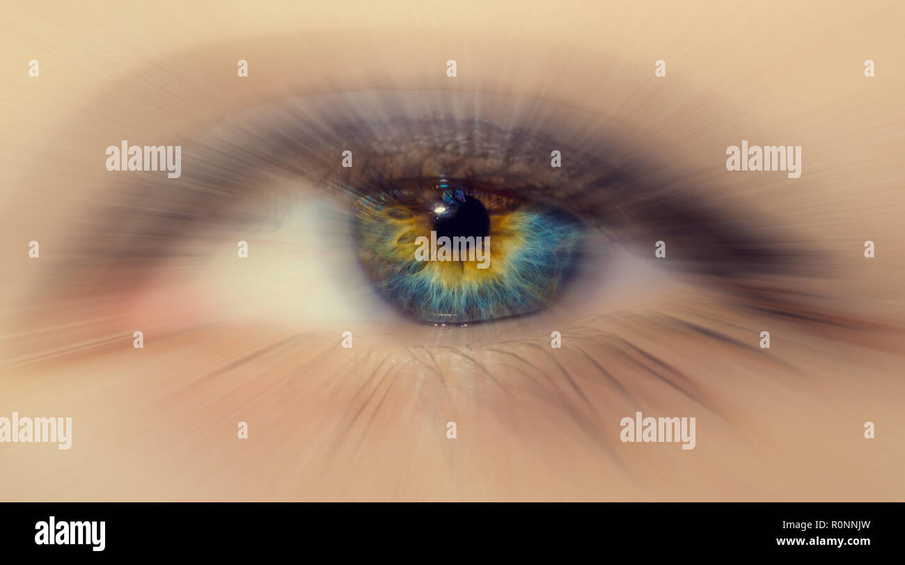 Woman beautiful colorful blue eye with mystical hypnotic vision bokeh ...