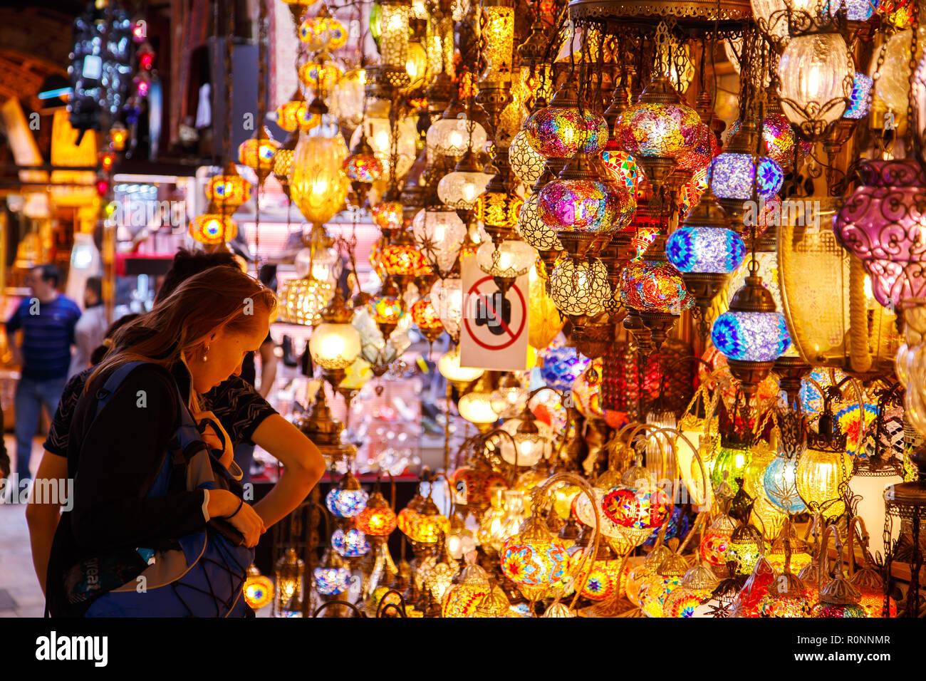 Traditional handmade turkish lamps in souvenir shop. Mosaic of colored ...