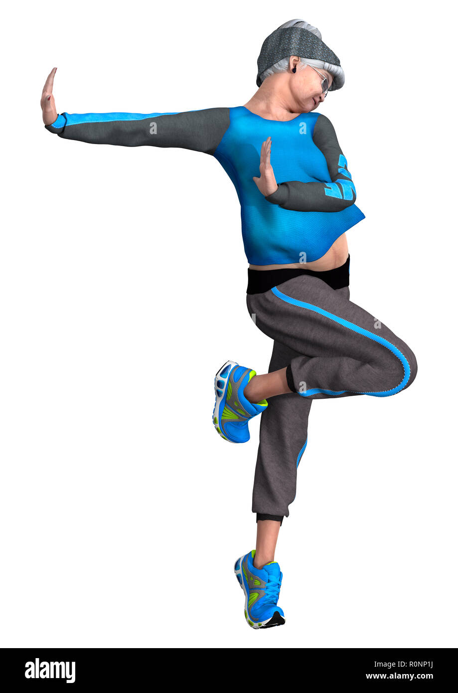 3D rendering of a senior woman dancing isolated on white background ...