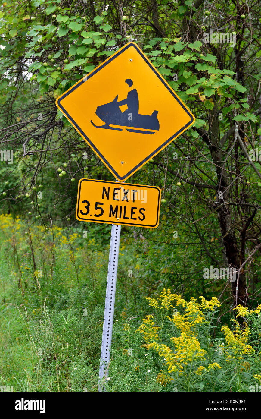 Winter preparation caution snowmobile warning sign Massachusetts, USA ...
