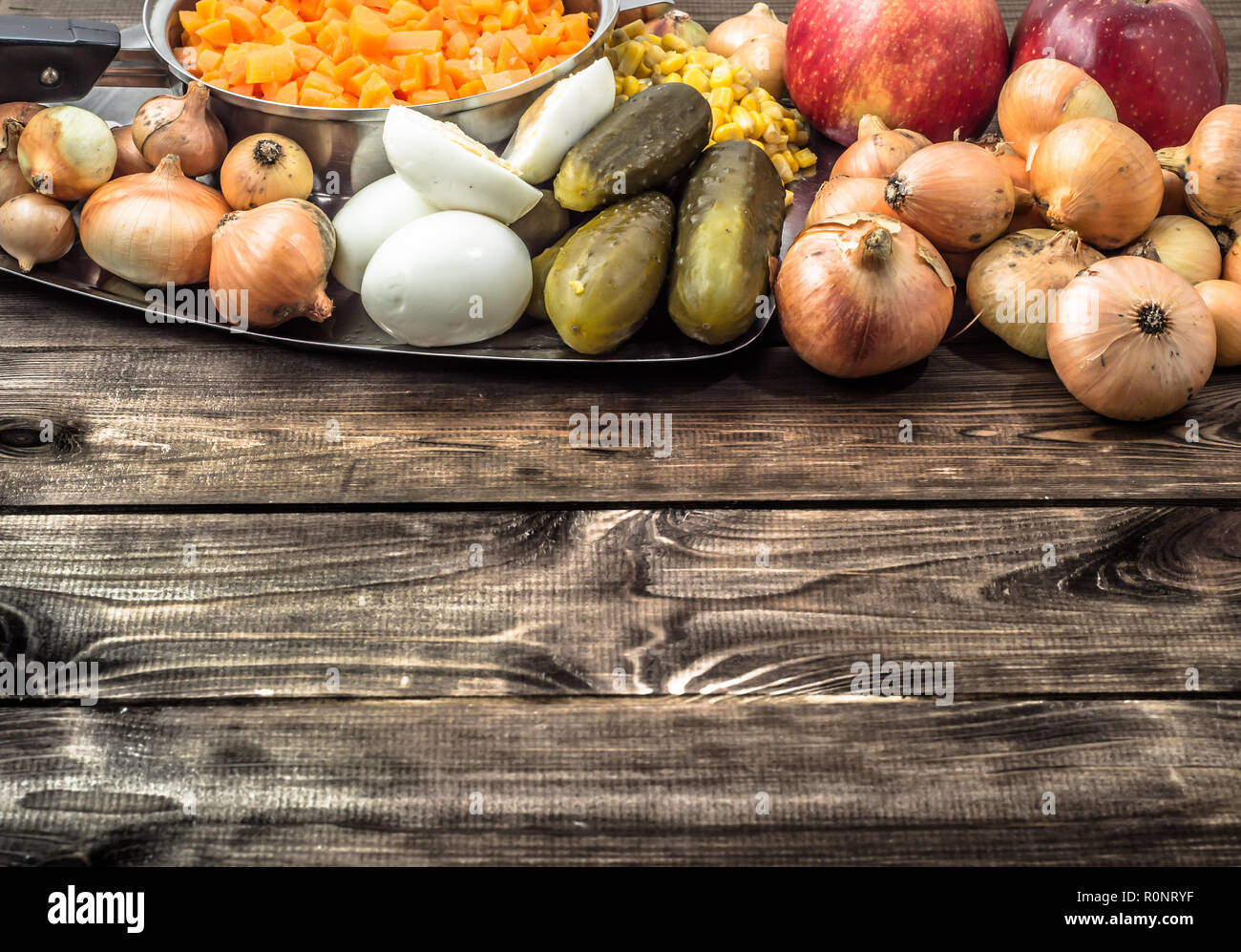 Ingredients of vegetable salad, cooking recipe, traditional polish ...